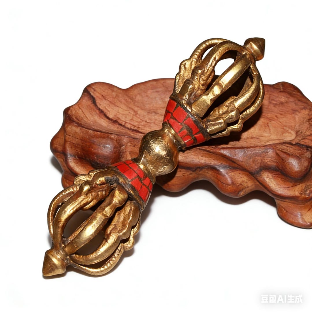 Brass Tibetan Vajra Dorje: Handcrafted Buddhist Ritual Tool, Red Inlay ...