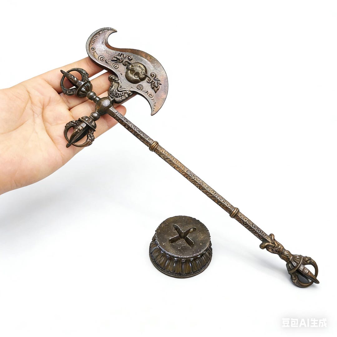 Brass Tibetan Ritual Axe With Vajra Skull Motif - Hand-carved Buddhist ...