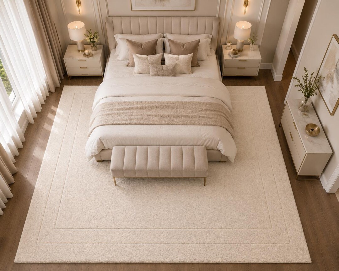 Cream Tufted Area Rug, Minimalist Plush Bedroom Carpet, Modern Neutral ...