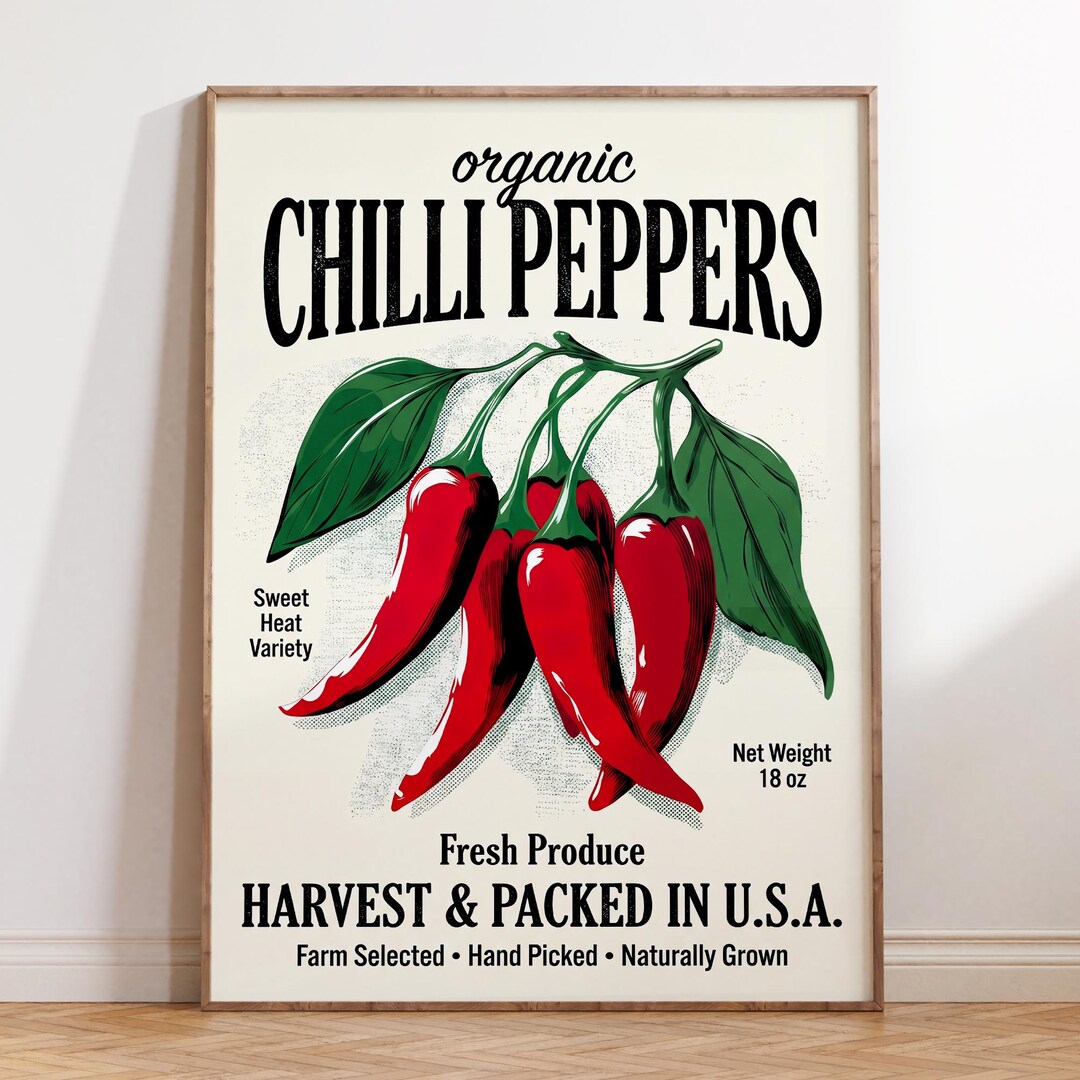 Organic Chilli Peppers Poster : Farm Market Kitchen Wall Art, Rustic ...