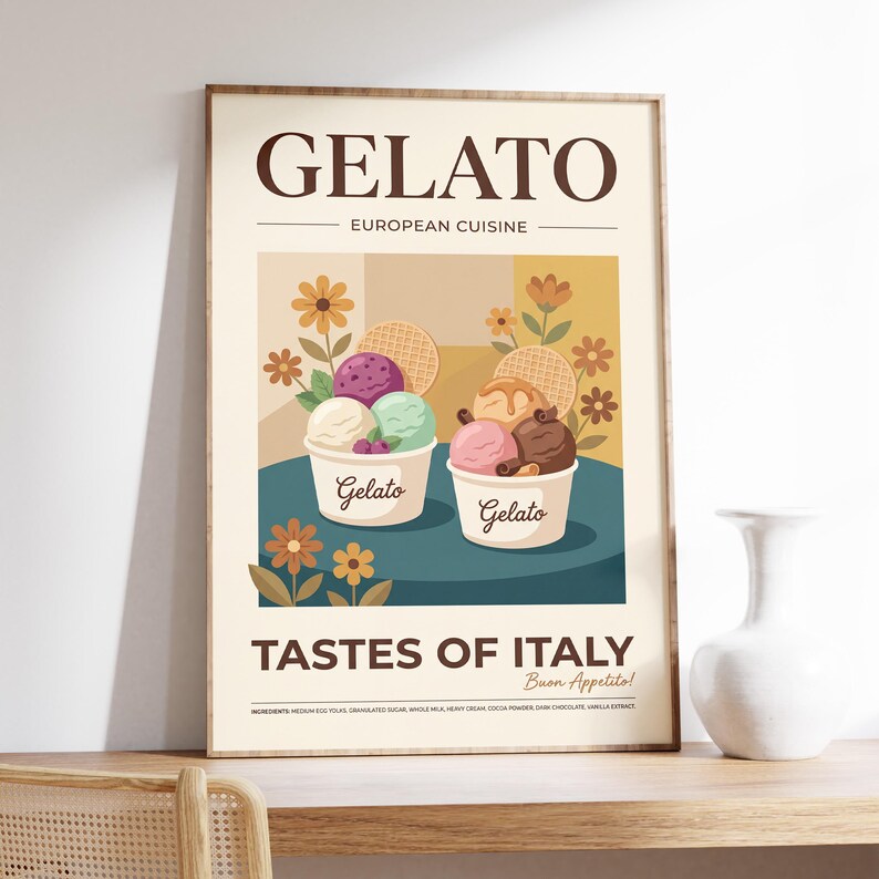 Gelato Poster : Italian Dessert Wall Art, Kitchen & Cafe Decor - Etsy