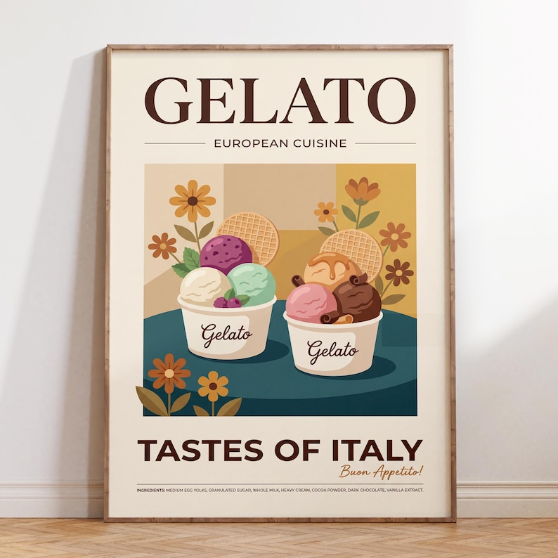 Gelato Poster : Italian Dessert Wall Art, Kitchen & Cafe Decor - Etsy