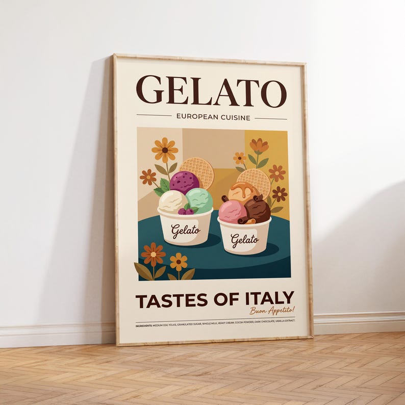 Gelato Poster : Italian Dessert Wall Art, Kitchen & Cafe Decor - Etsy