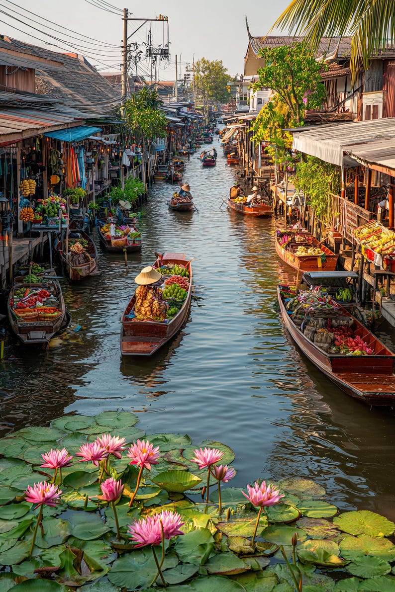 Bangkok Floating Market Wall Art Print, Vintage Thai Travel Poster ...