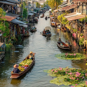 Bangkok Floating Market Wall Art Print, Vintage Thai Travel Poster ...