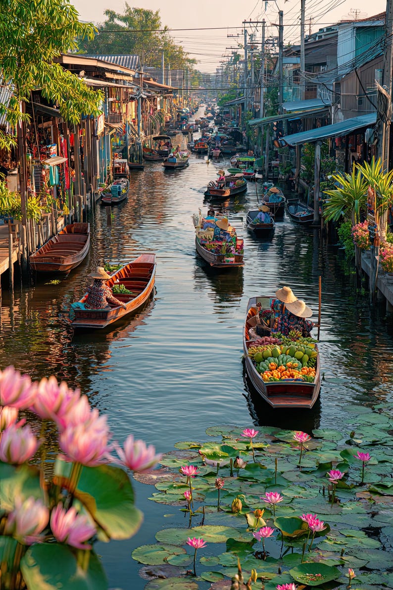 Bangkok Floating Market Wall Art Print, Vintage Thai Travel Poster ...
