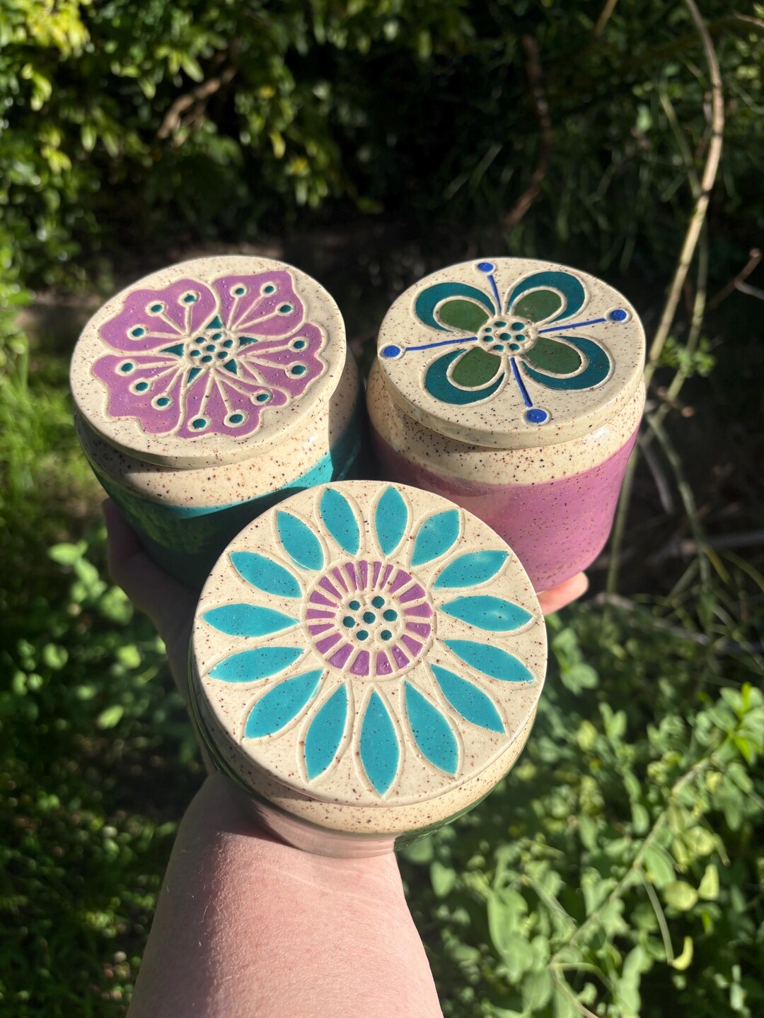 Purple & Blue Flowers - Set of 3 Lidded Ceramic Catchall Containers - Etsy