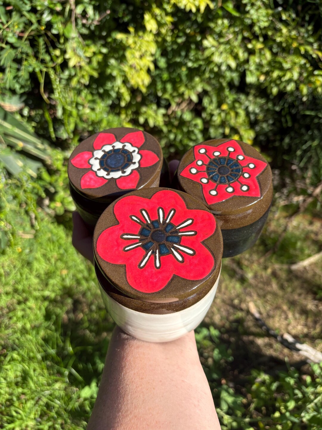 Red Flower Trio - Handmade Ceramic Catchall Containers With Lids - Etsy