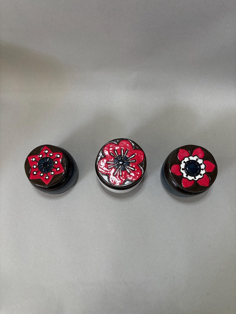 Red Flower Trio - Handmade Ceramic Catchall Containers With Lids - Etsy