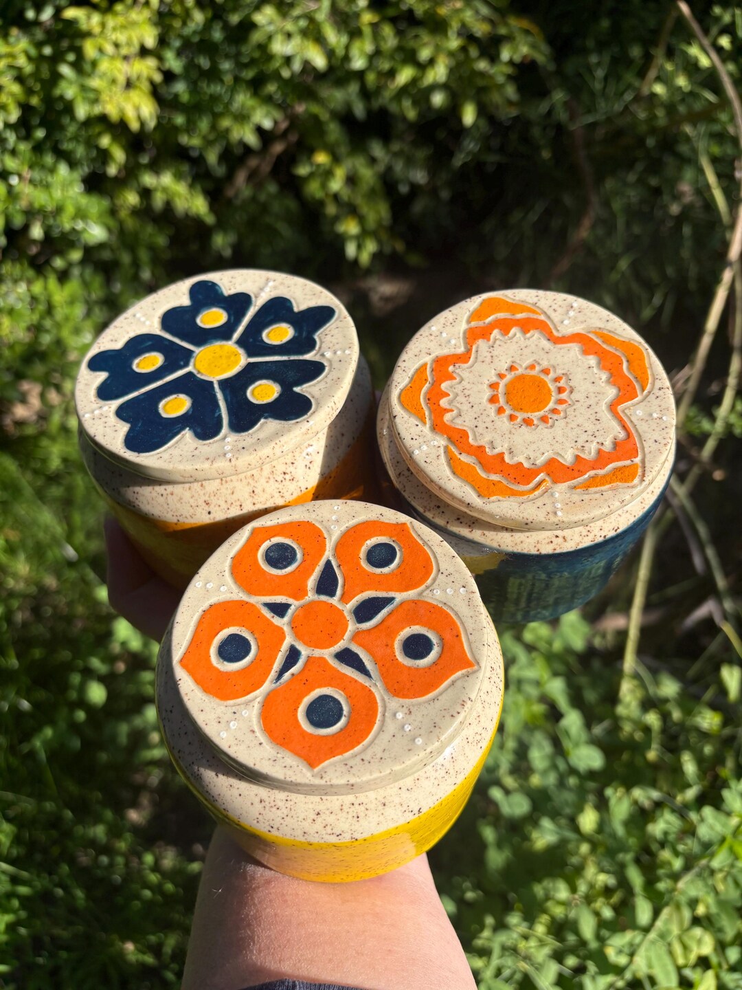 Orange & Blue Flowers - Set of 3 Lidded Ceramic Catchall Containers - Etsy