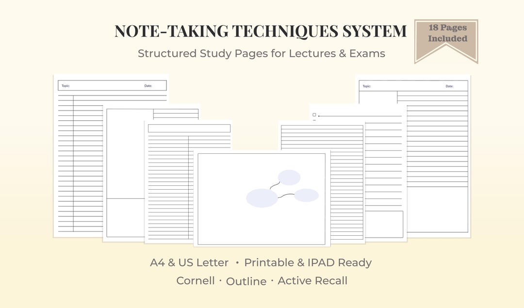Note-taking System | Cornell, Outline, Grid Study Templates (A4, US ...