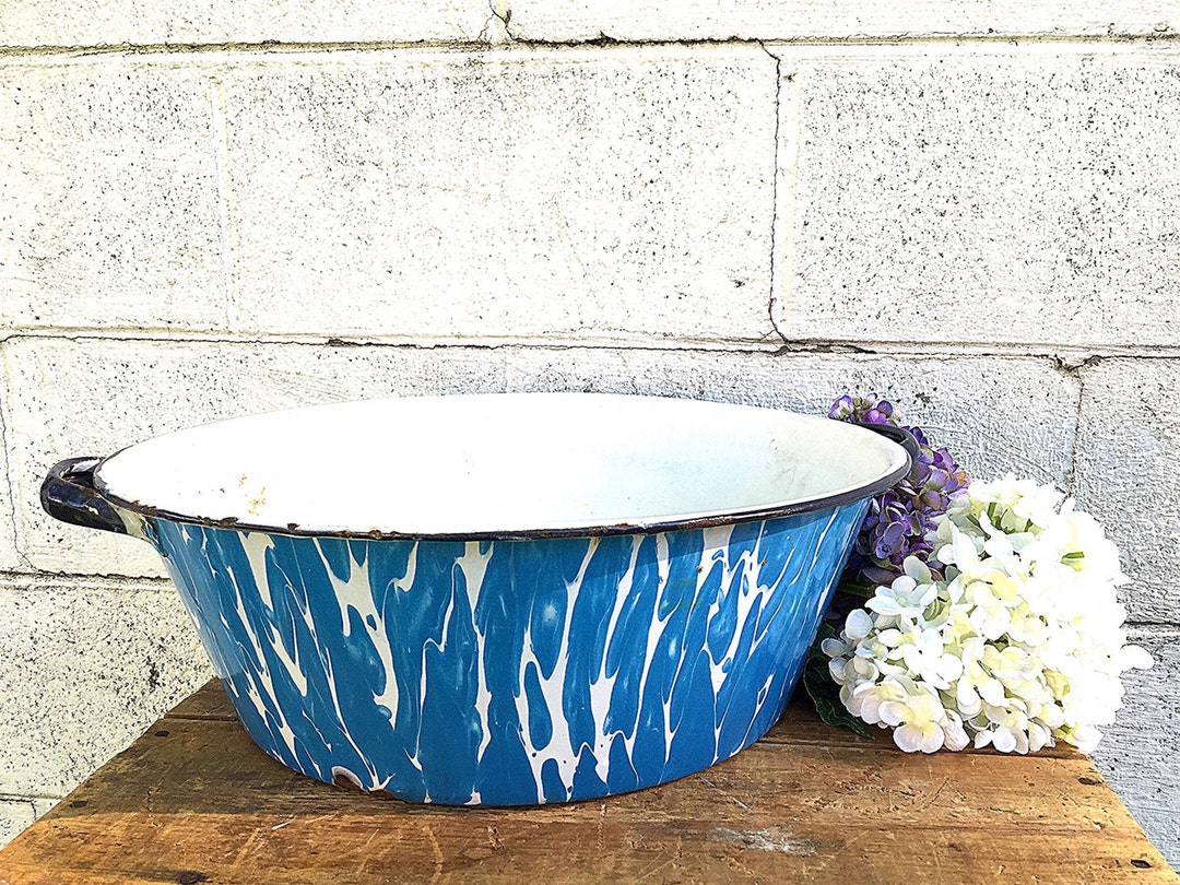 Enamel WASH BASIN Vintage Blue and White Swirl Enamelware Bowl Large ...