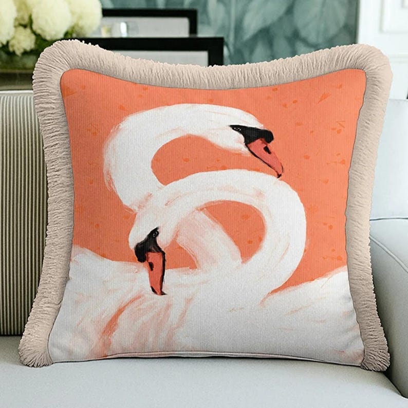 Capa de Almofada Cisne: Veludo Pêssego com Franjas - Decoração Macia e ...