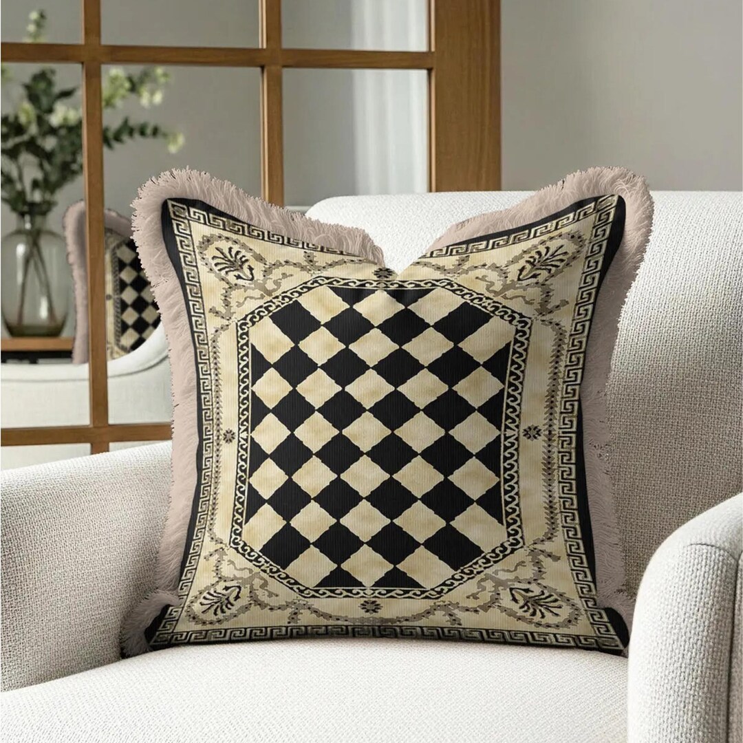 Black and Beige Checkerboard Velvet Pillow Cover, Greek Key Border - Etsy