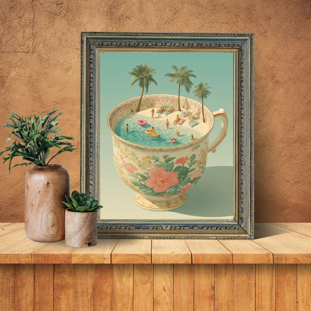 Surreal Teacup Beach Printable Art Print, Vintage Summer Illustration ...
