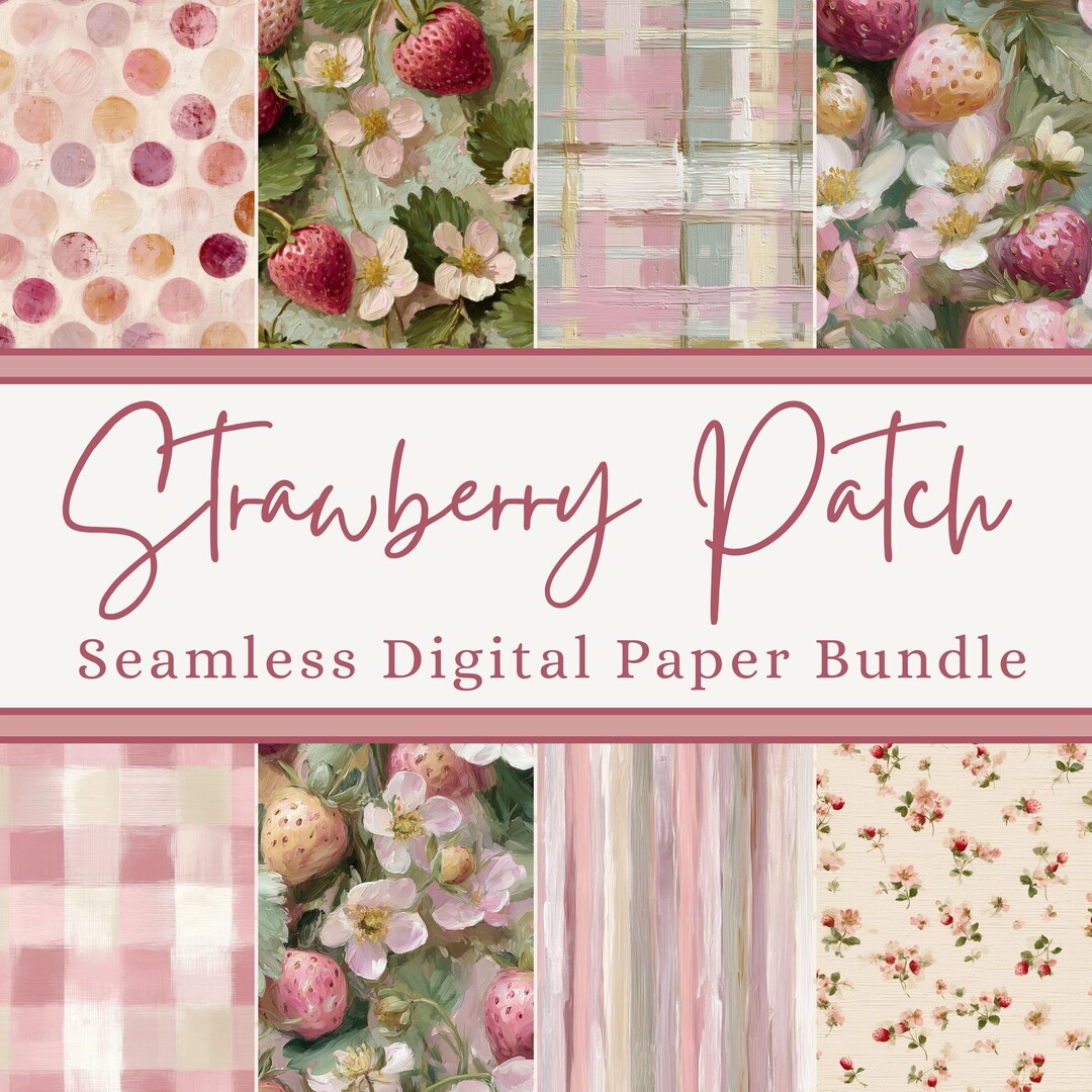 Strawberry Digital Paper Pack Cottagecore Scrapbook Paper, Pink ...
