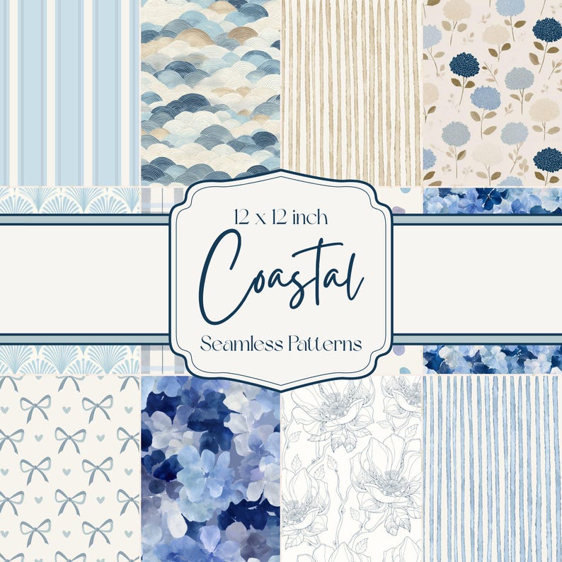 Coastal Digital Paper Pack, Blue Seamless Striped Patterns 12x12 ...