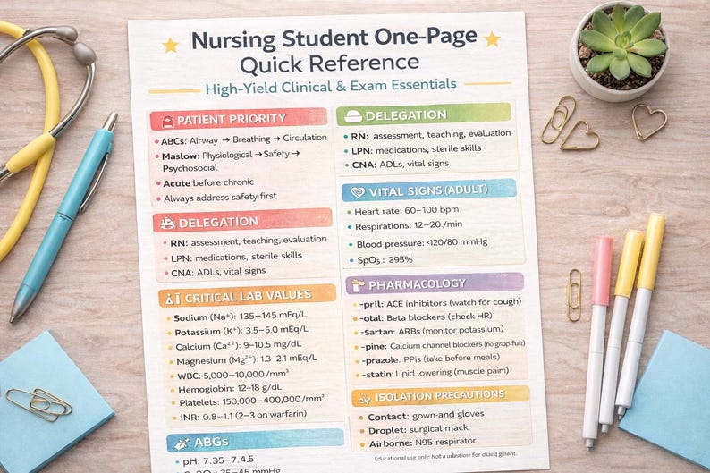 Nursing Student Quick Reference Guide | Clinical Study Notes (digital ...