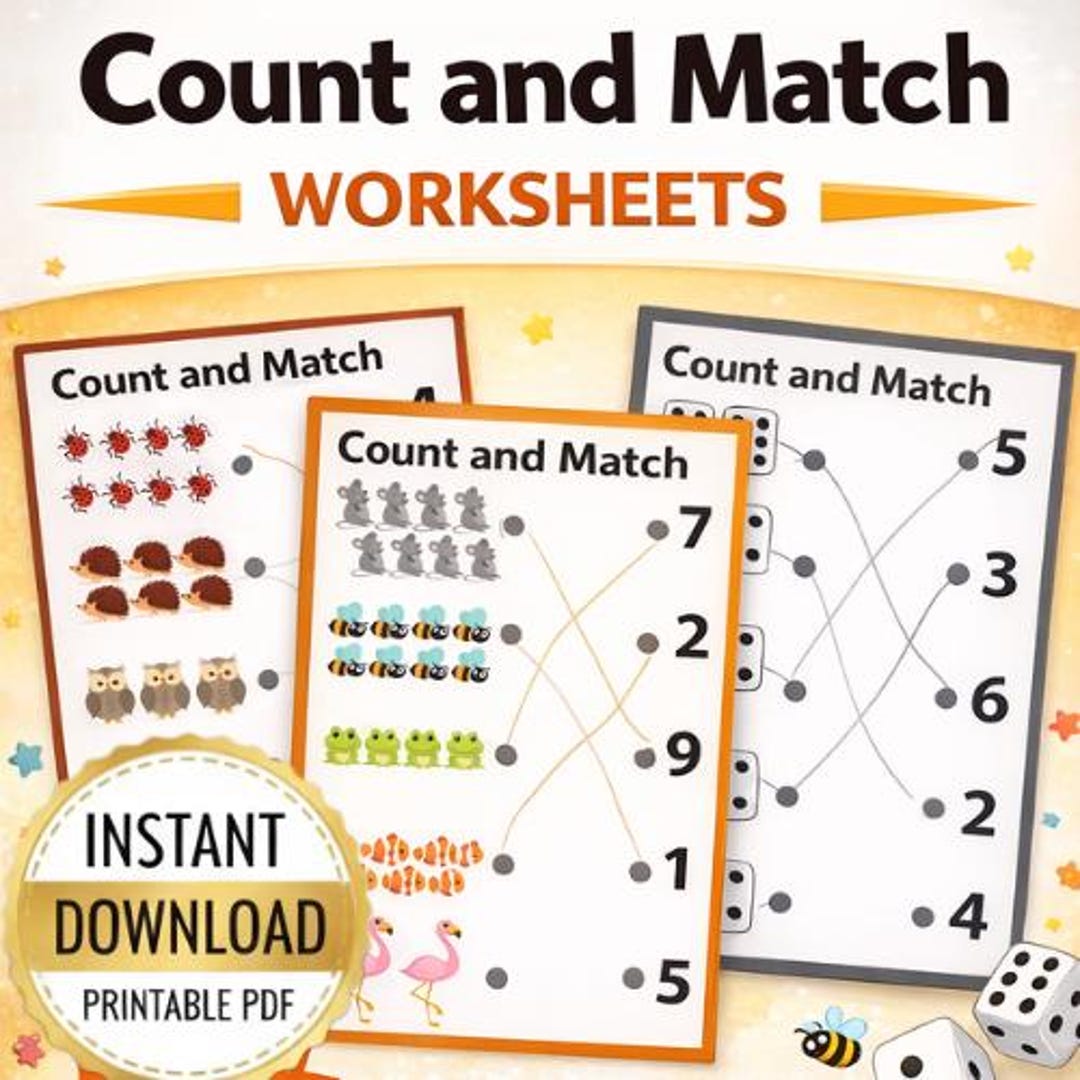 Toddler Counting Worksheets, Preschool Number Match Game (digital ...