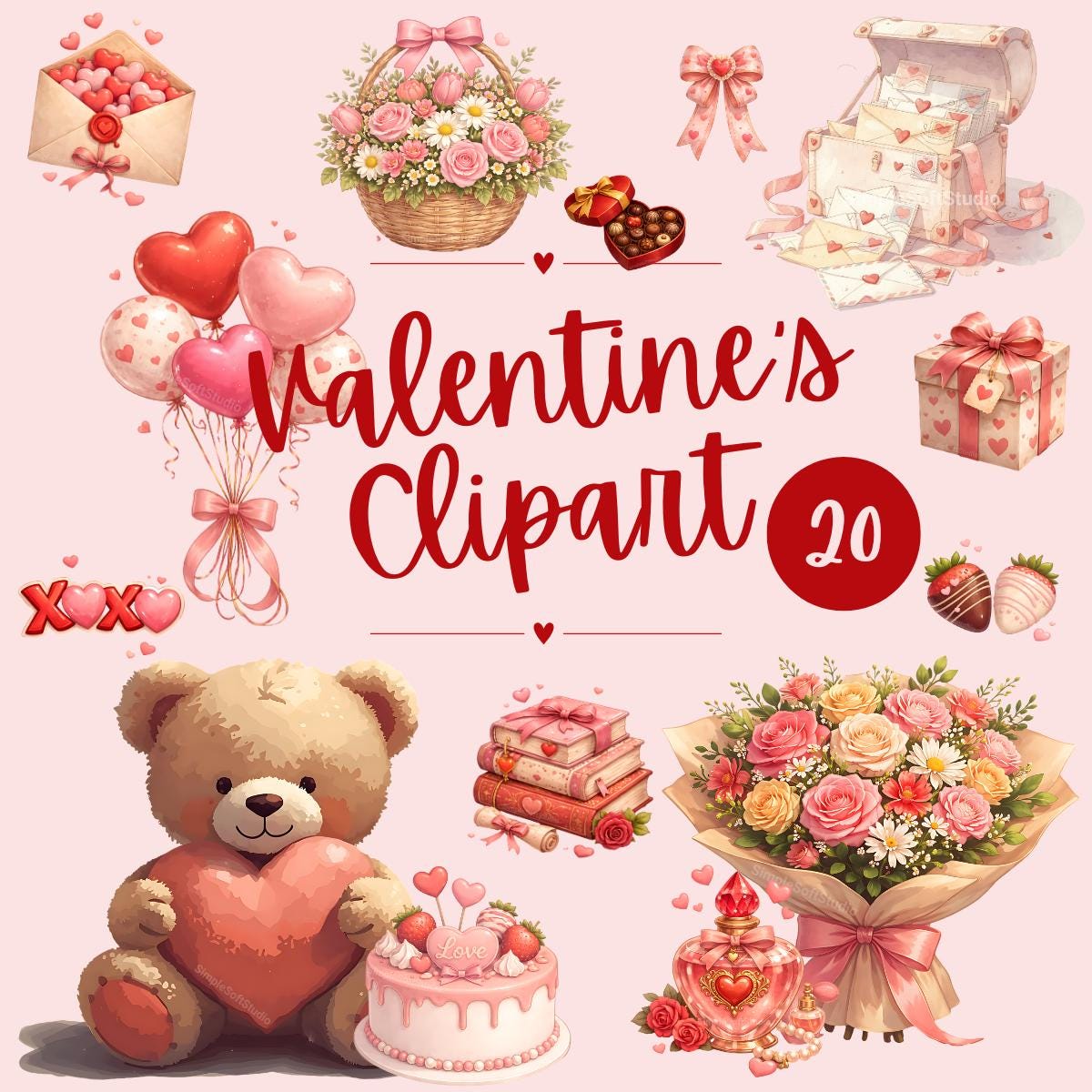 Valentine’s Day Clipart Set 20 Romantic Valentine PNG Illustrations ...