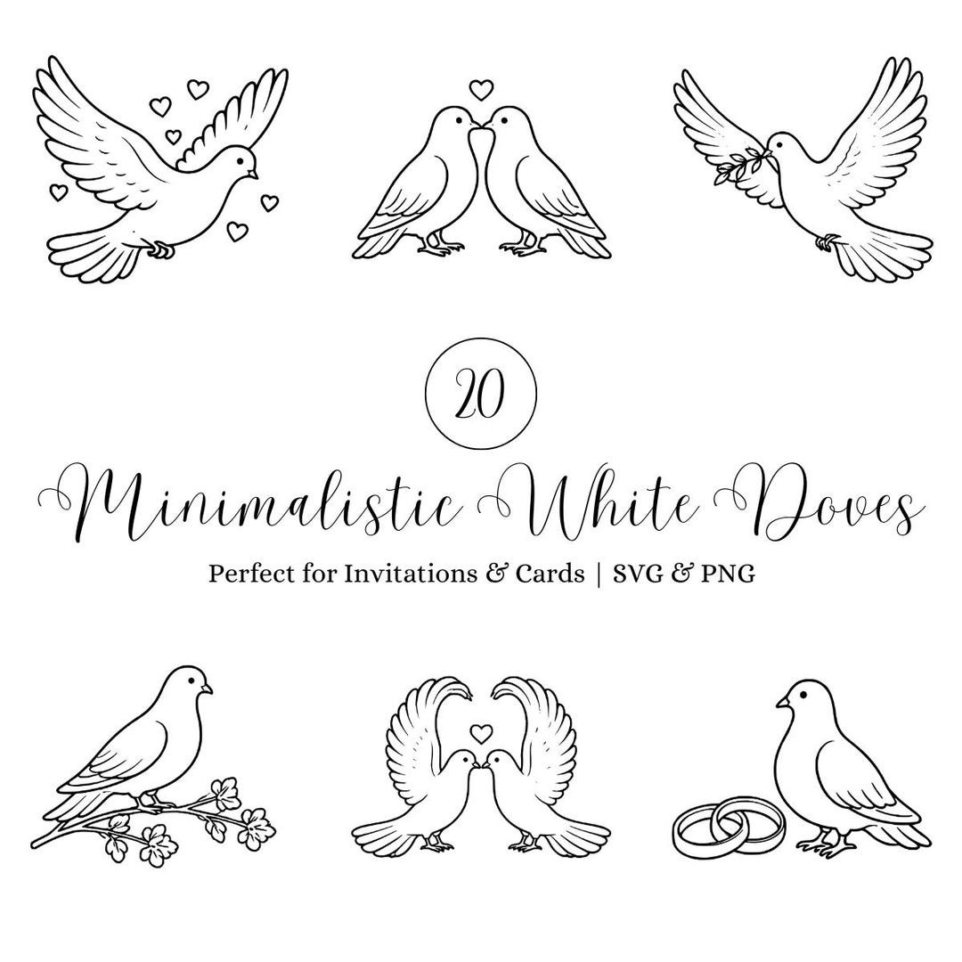 Minimalistic White Dove Set, 20 Simple Line Art Bundle, Love & Peace ...