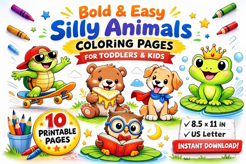 Cute Animal Coloring Pages for Kids – 10 Printable PDF Bundle – Bold ...
