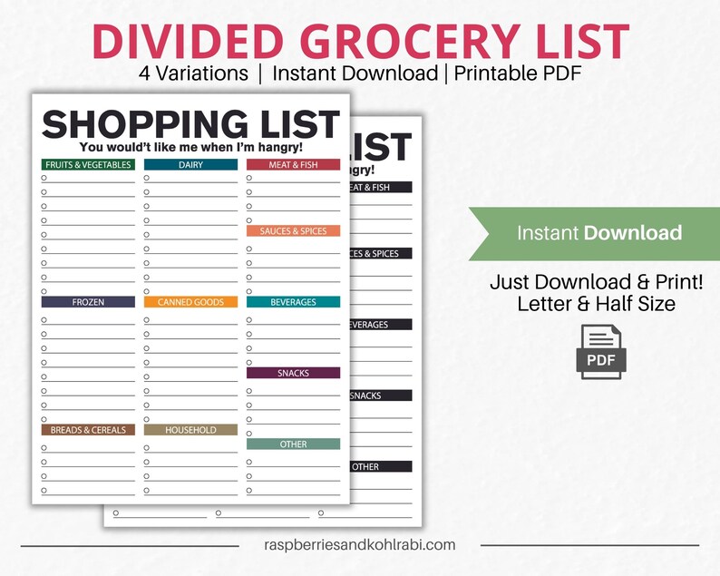 Shopping List Printable - Digital Download Divided Grocery List ...