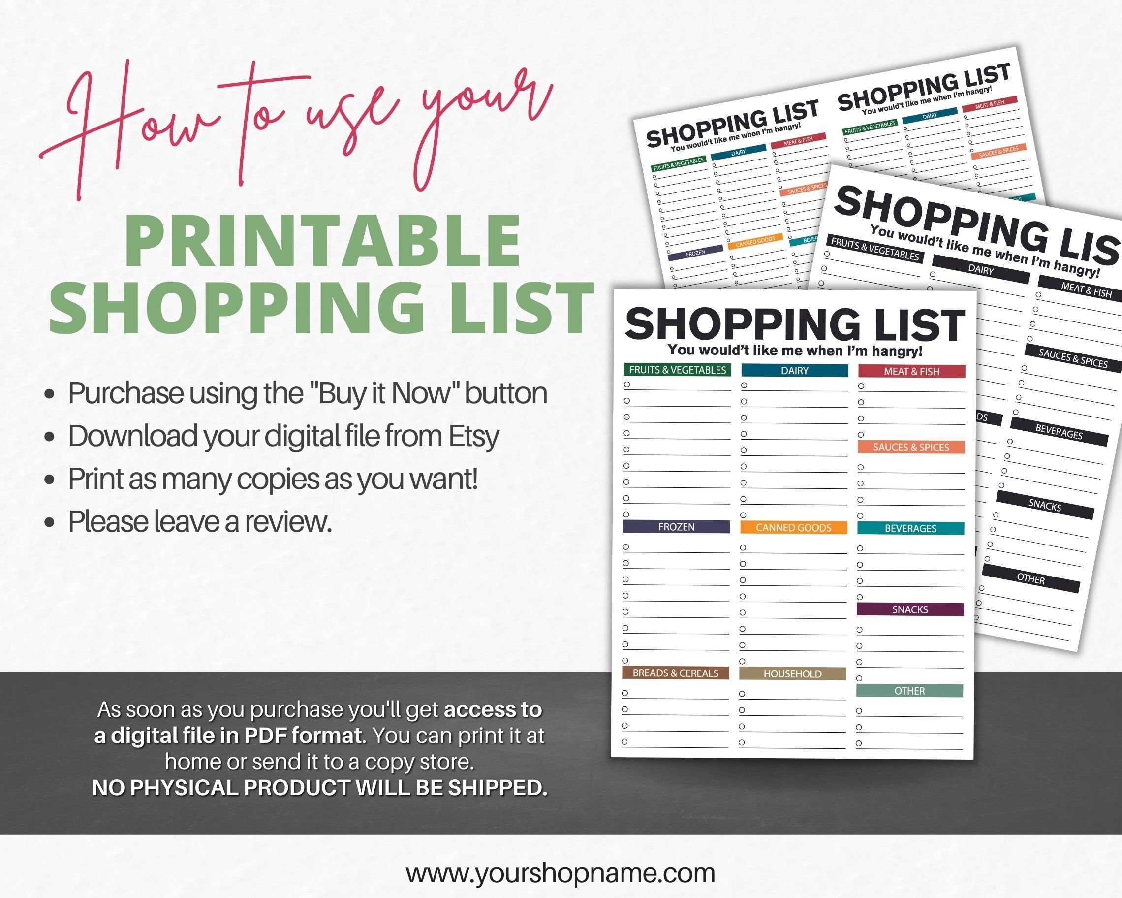 Shopping List Printable Digital Download Divided Grocery List Template ...