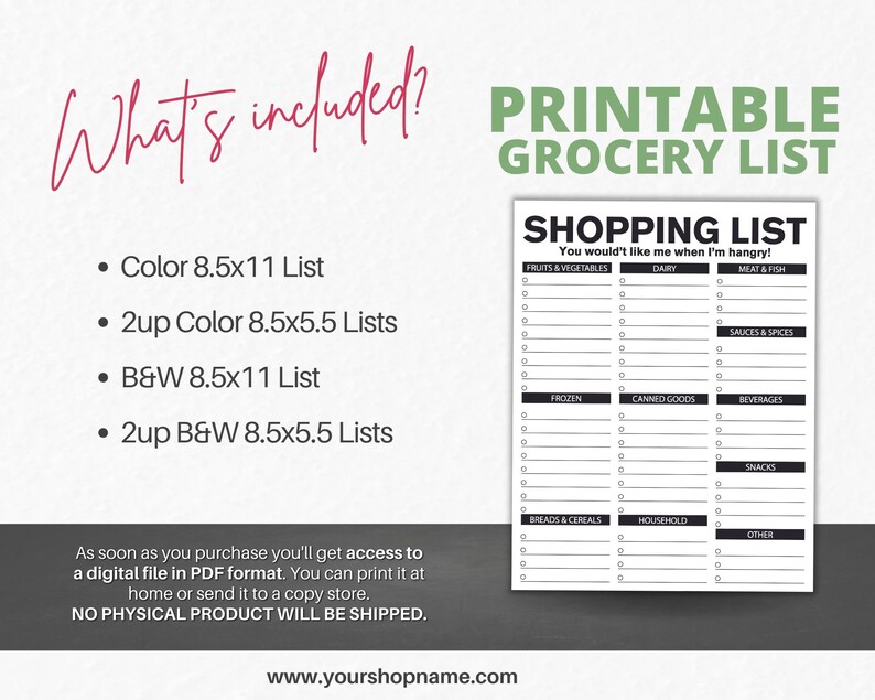 Shopping List Printable - Digital Download Divided Grocery List ...