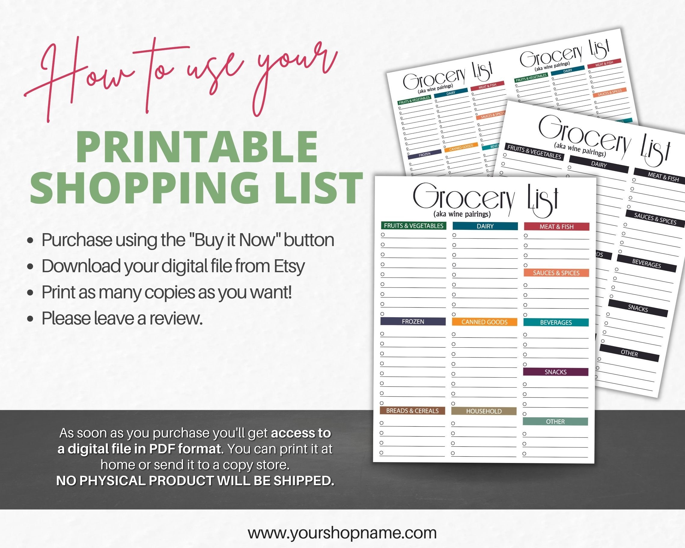 Printable Divided Grocery Shopping List Digital Download Grocery ...