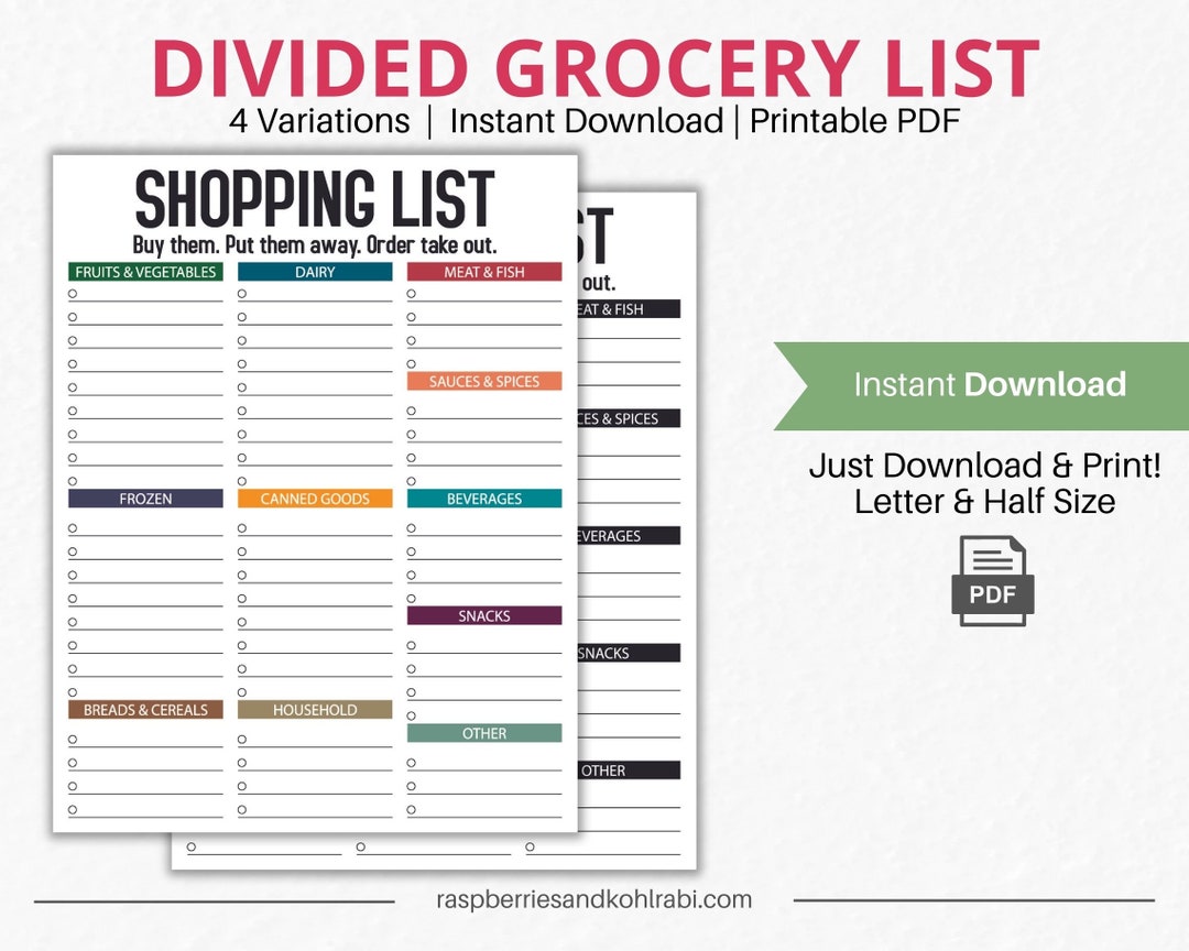 Divided Grocery List Printable - Shopping List Printable With ...
