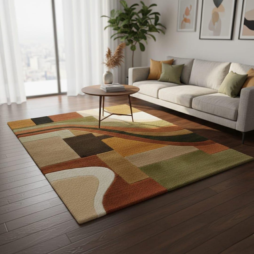 Mid Century Modern Geometric Wool Rug, Retro Color Block Area Carpet - Etsy