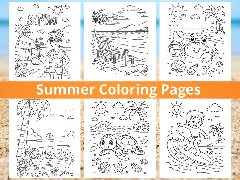 Summer Coloring Book Pages, Kids Beach Vacation Activity (PDF Download ...