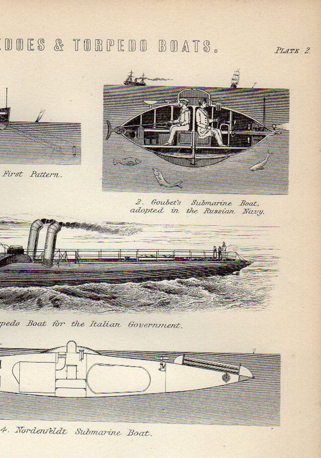 1890 TORPEDOES BOATS Ocean Print Sea Antique Engraving Bookplate 130 ...