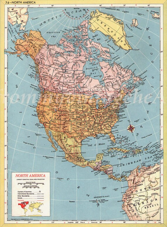 Vintage map North America 1940s atlas cartography original Globes ...