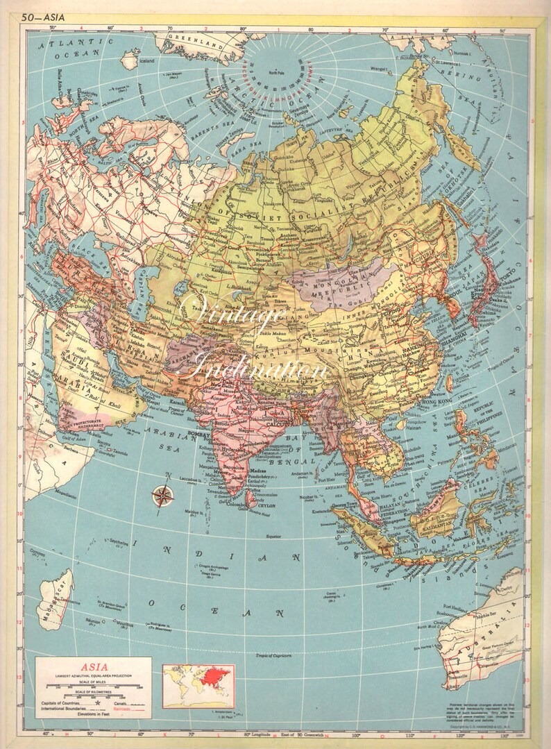 LARGE 1940s Antique Vintage Map Asia - Etsy