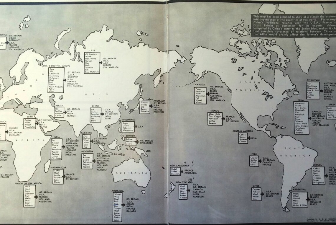 Antique WORLD TRADE Map 1940s ORIGINAL Map of the World - Etsy