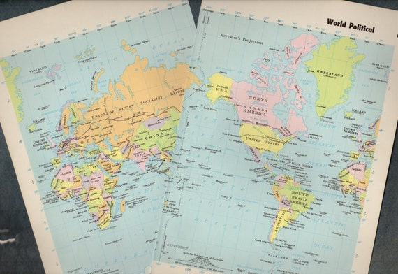 Items similar to Antique WORLD Map 1960s ORIGINAL Map of the World on Etsy