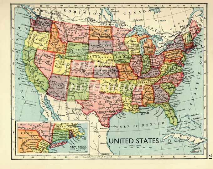 USA Map 1930s Vintage United States Map. Map Decor, Office Decor, Atlas ...