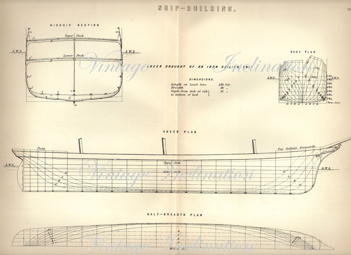 1890 Ship Building Nautical 1 Vintage Print, Ocean Ship Chart Wall Art ...