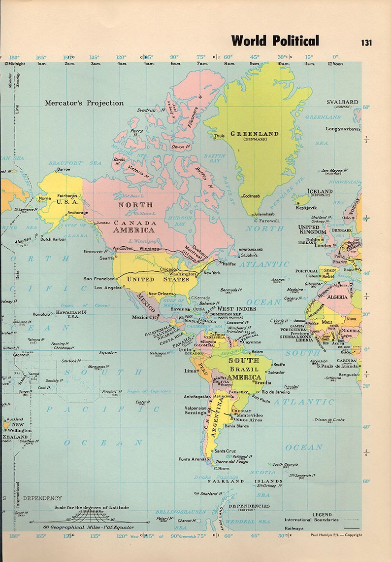 Antique WORLD Map 1960s ORIGINAL Map of the World | Etsy