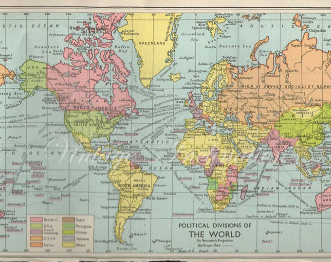 1960 Antique WORLD Map of the World 1960 Atlas Regions Map Pastel - Etsy