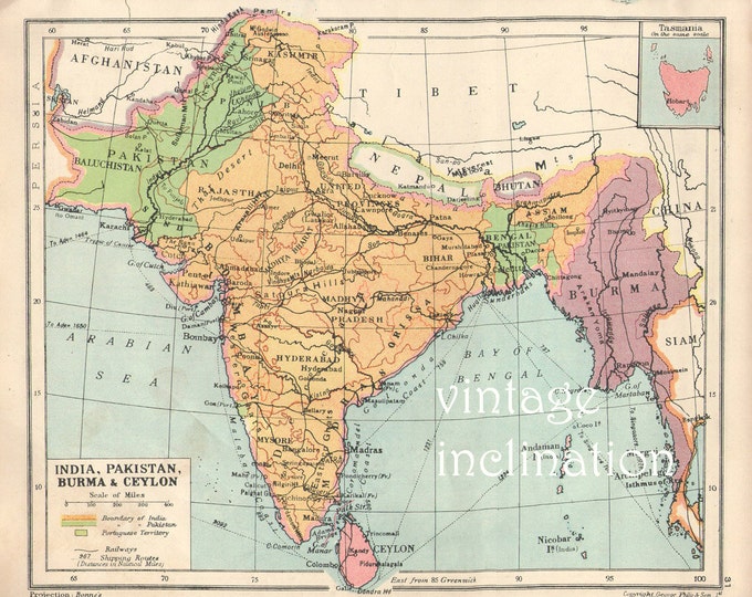 Vintage Map INDIA Chart Original 1948 - Etsy