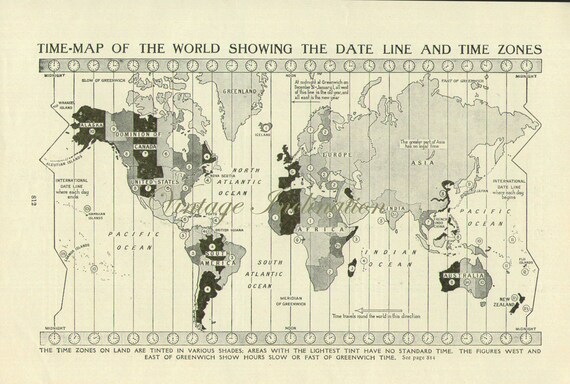 ANTIQUE PRINT Vintage World Map Time 1950s original | Etsy