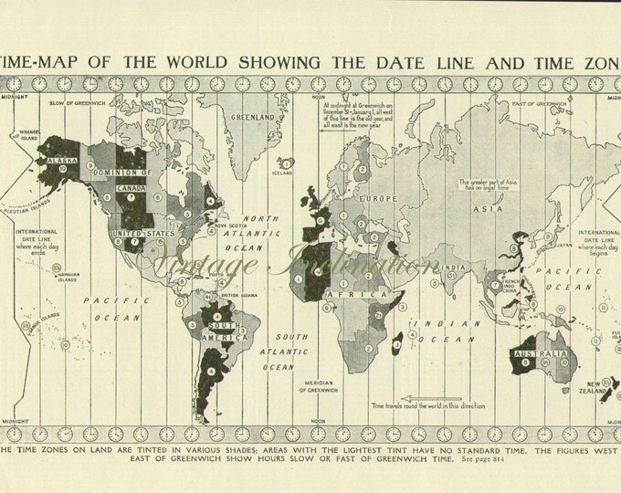 ANTIQUE PRINT Vintage World Map Time 1950s Original | Etsy