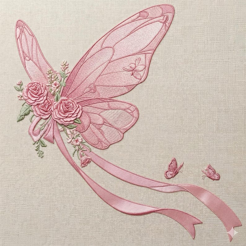 Floral Butterfly Embroidery Design With Ribbon, Elegant Pink Butterfly ...