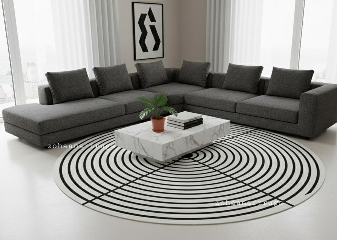 8x8 Rug Black and White Round Rug, Modern Geometric Concentric Circle ...