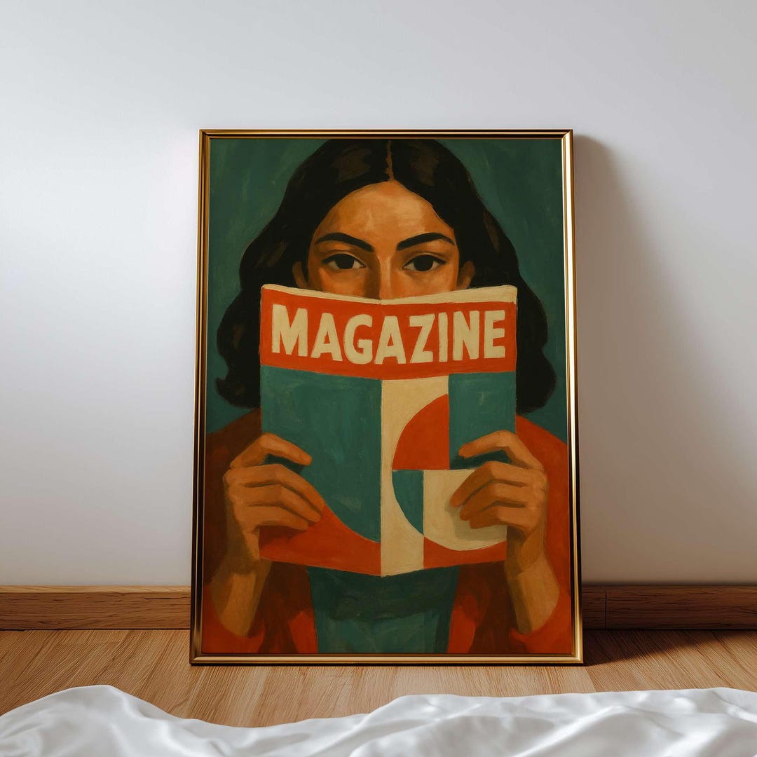 Vintage Woman With Magazine Poster – Retro Green Editorial Wall Art - Etsy