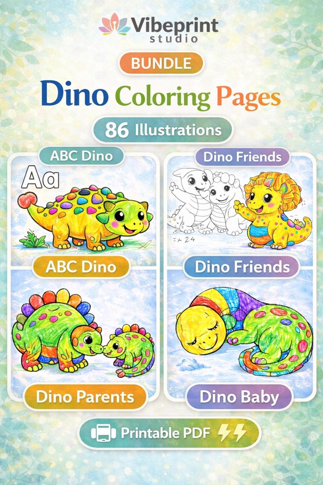 Dinosaur Coloring Pages Bundle, ABC Dino + Friends + Parents + Baby ...