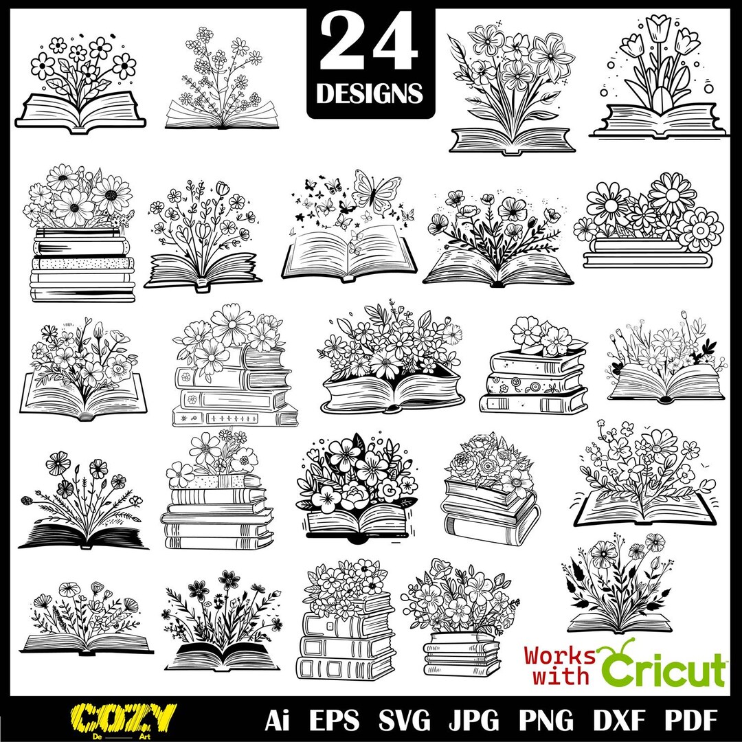 Floral Book SVG, Book With Flowers Svg, Book Lady Svg, Reading Books ...
